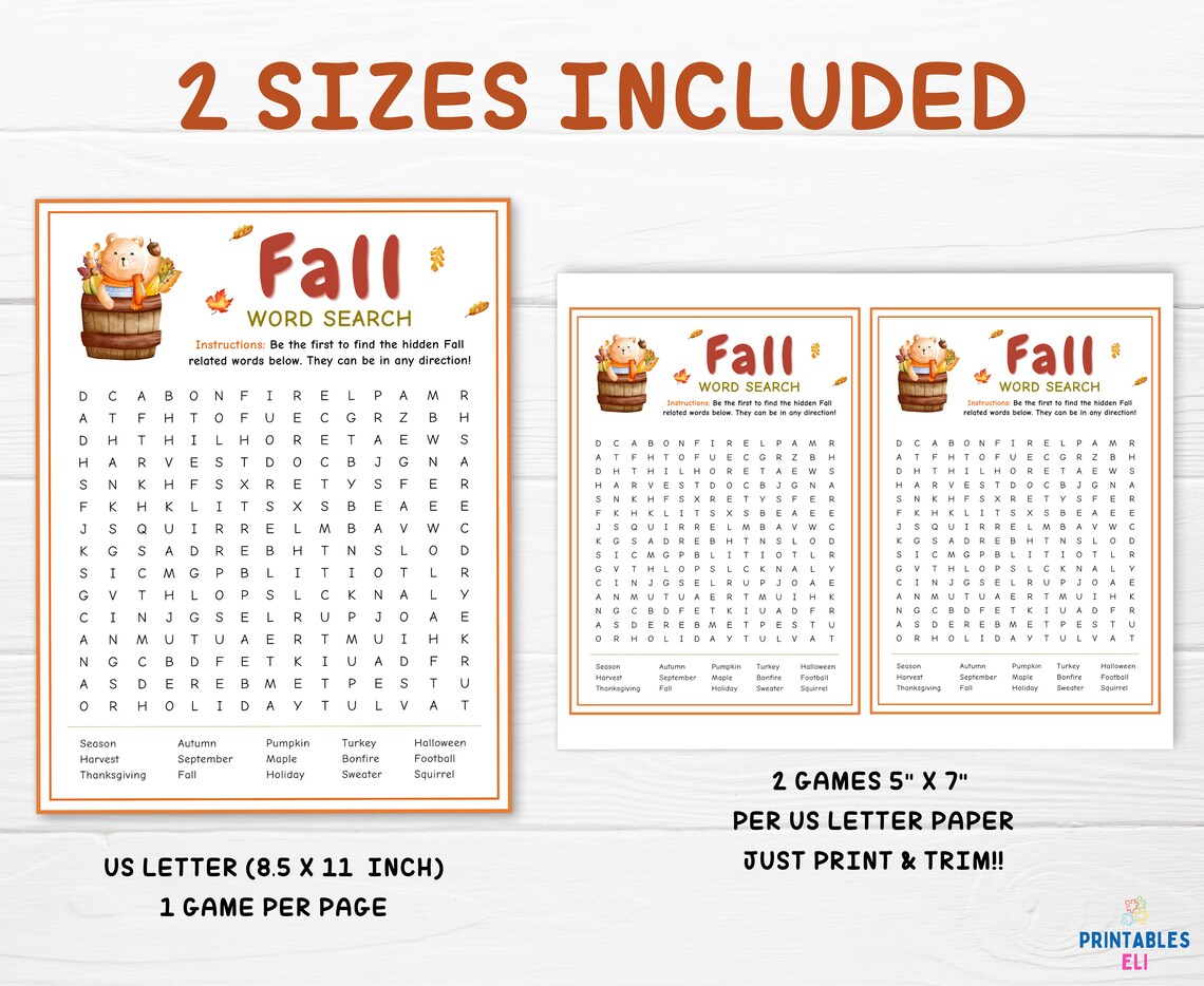 Fall Word Search Printable Game Printable Autumn Party Game - Etsy