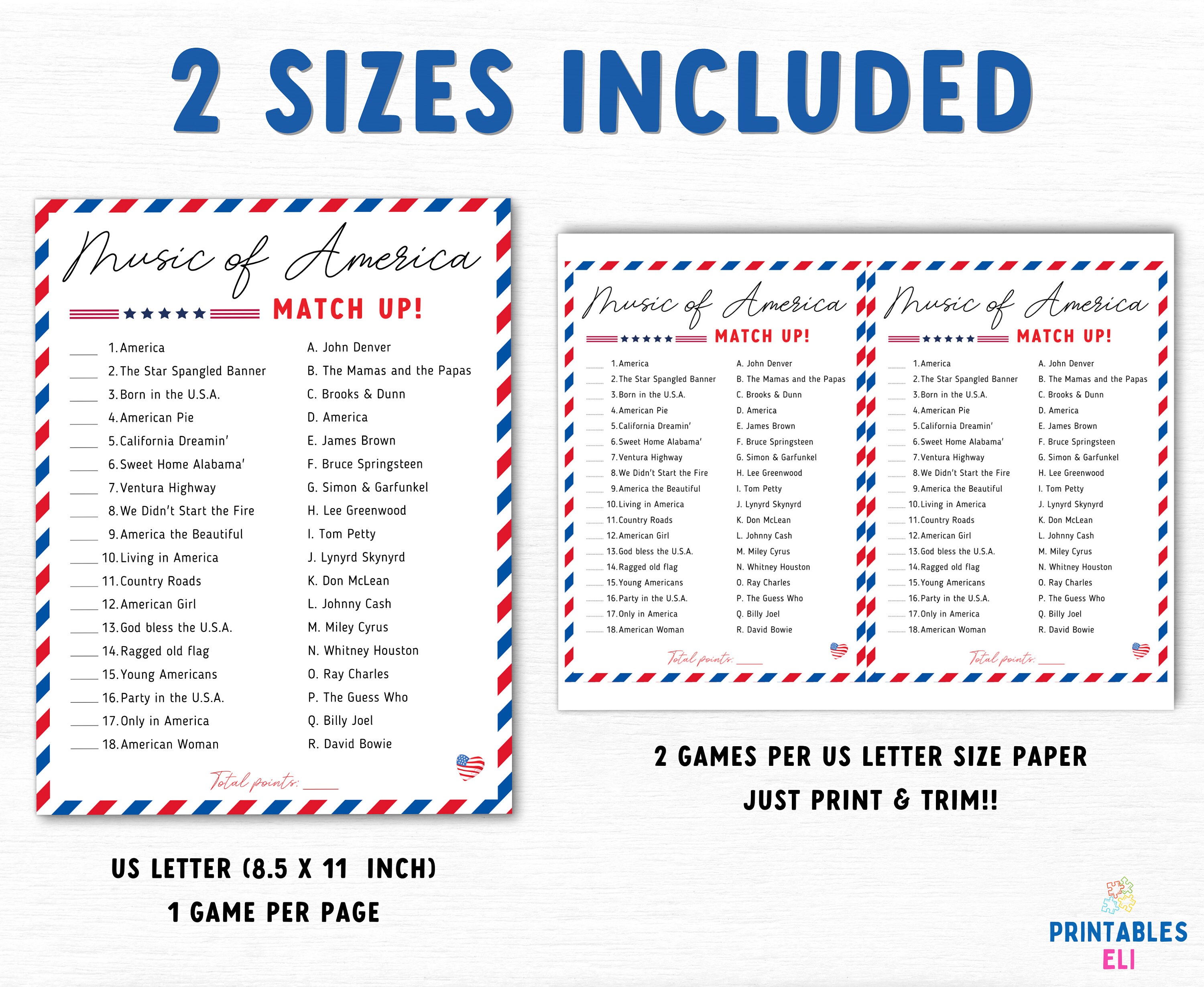 Music of America Match up Game, Printable Memorial Day Game for Adults ...