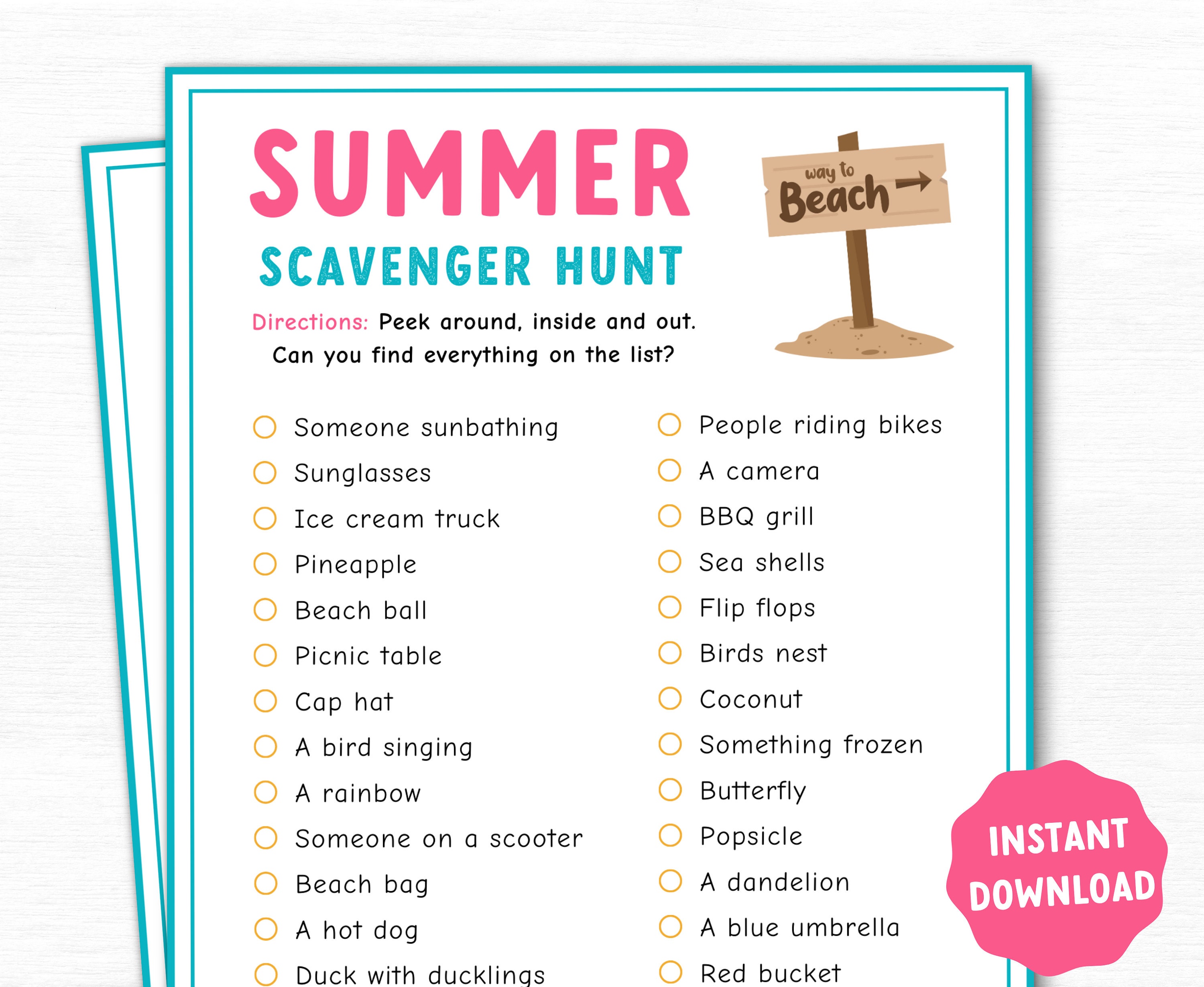 Summer Scavenger Hunt Game, Printable Summer Party Game, Summer ...