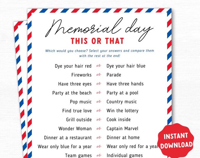 Memorial Day This or That Printable Game, Memorial Day Would You Rather ...