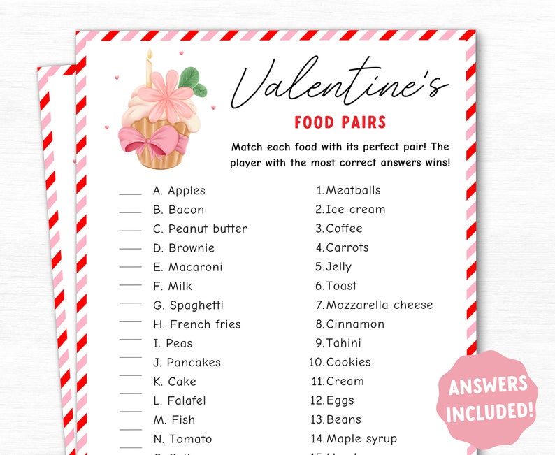 Valentines Day Food Pairs Printable Game, Printable Valentines Day ...