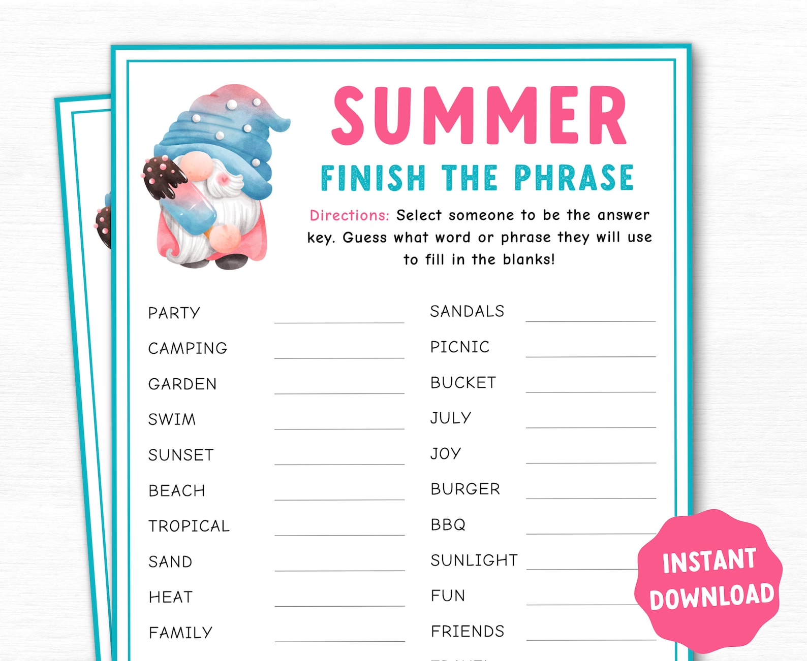 Summer Finish the Phrase Printable Game, Family Summer Game Printable ...