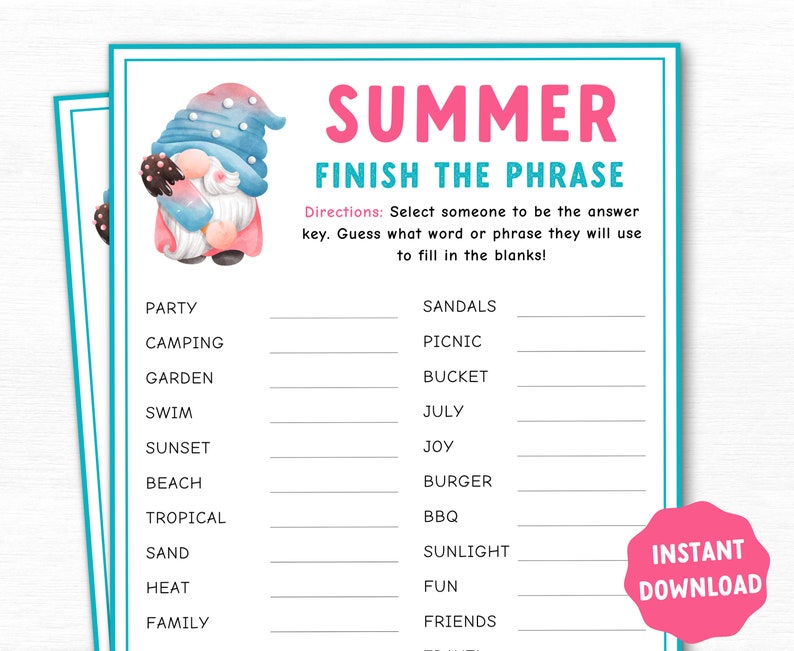 Summer Finish the Phrase Printable Game, Family Summer Game Printable ...