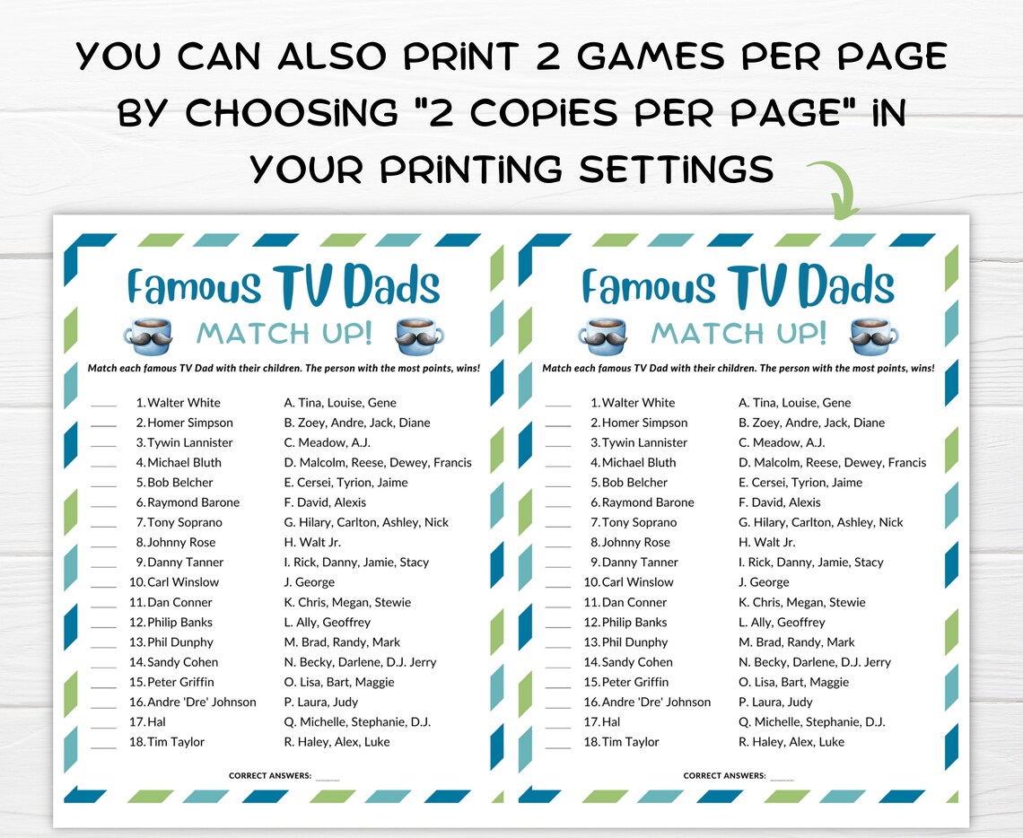 Famous TV Dads Match up Game Printable Father's Day - Etsy