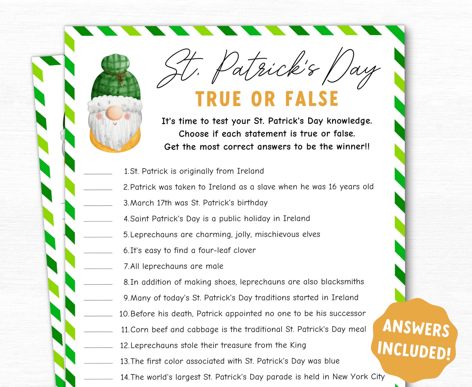 St. Patrick's Day True or False Game Printable St. - Etsy