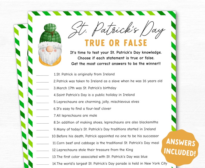 St. Patrick's Day True or False Game Printable St. - Etsy