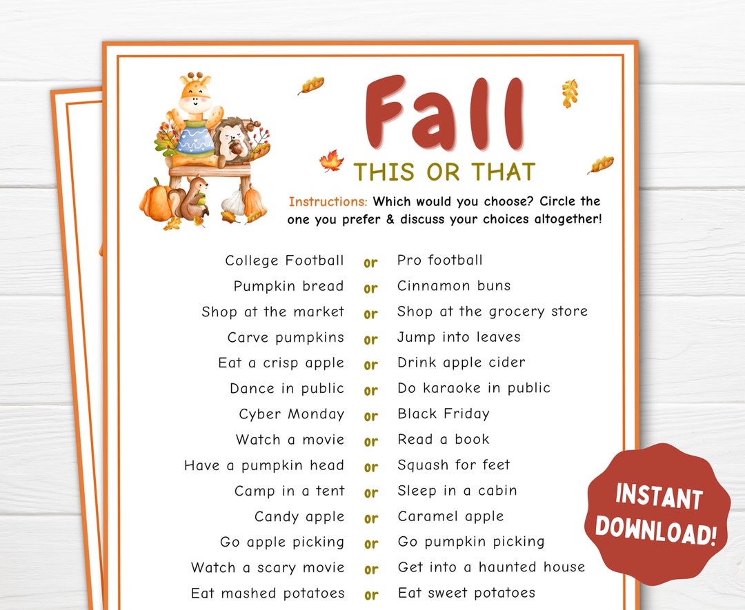 Autumn This or That Printable Game Printable Fall Party Game - Etsy