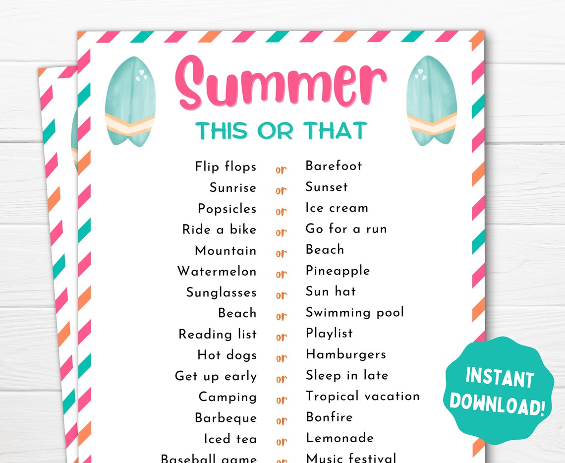 Summer This or That Printable Game Printable Summer Party - Etsy
