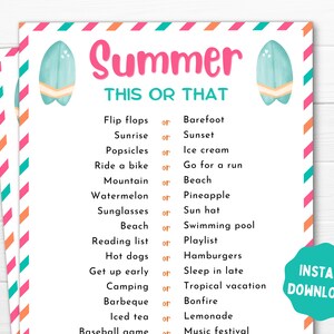 Summer This or That Printable Game Printable Summer Party - Etsy