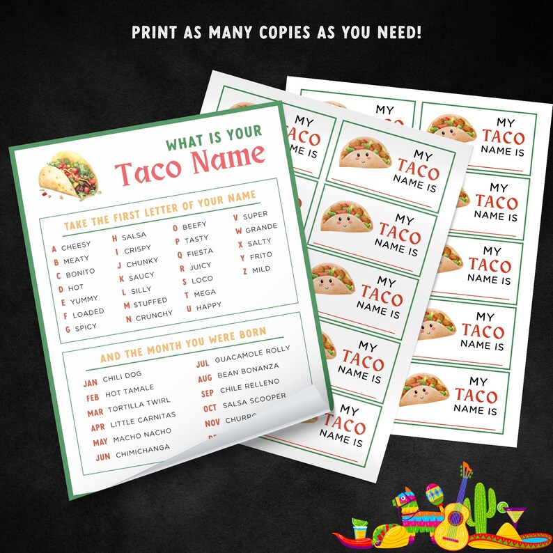 Whats Your Taco Name Printable Party Game, Cinco De Mayo Family Game ...