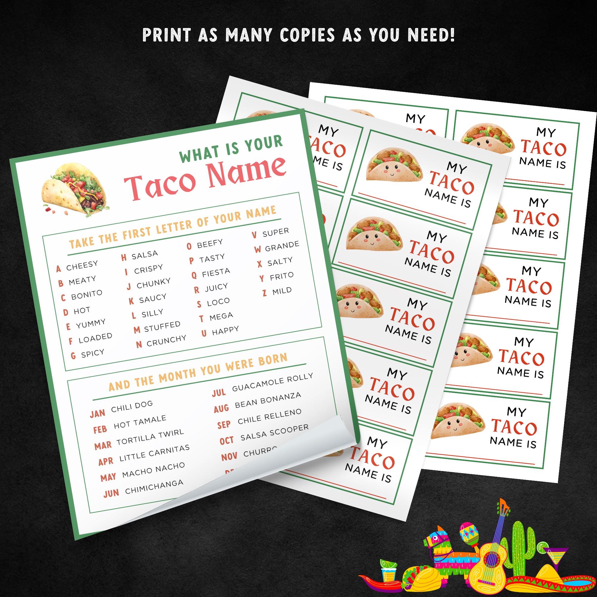 Whats Your Taco Name Printable Party Game, Cinco De Mayo Family Game ...