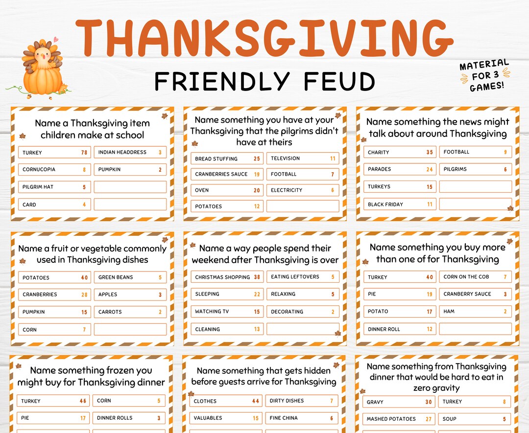 Thanksgiving Friendly Feud Game Thanksgiving Party Game - Etsy