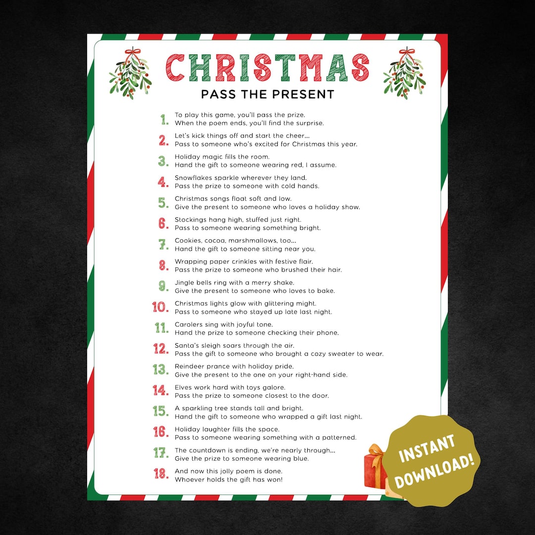Pass the Prize Game Printable, Holiday Poem Gift Exchange, Printable ...