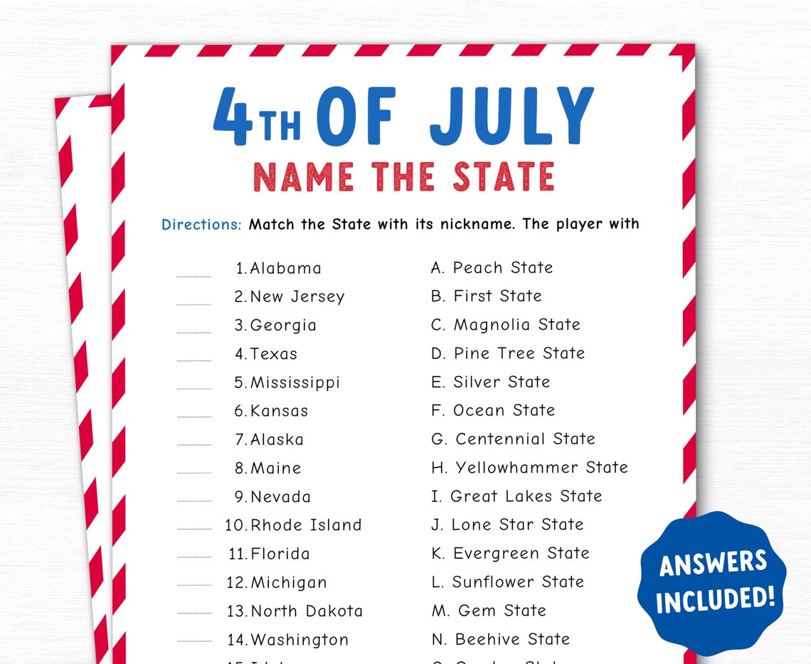 Fourth of July Printable Game, 4th of July Name the State, Printable ...