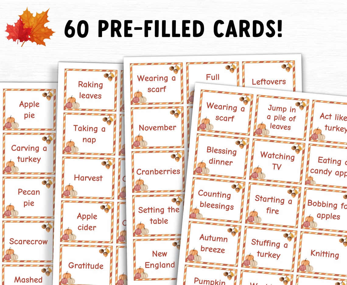 Thanksgiving Charades Printable Game, Charades Cards, Thanksgiving ...