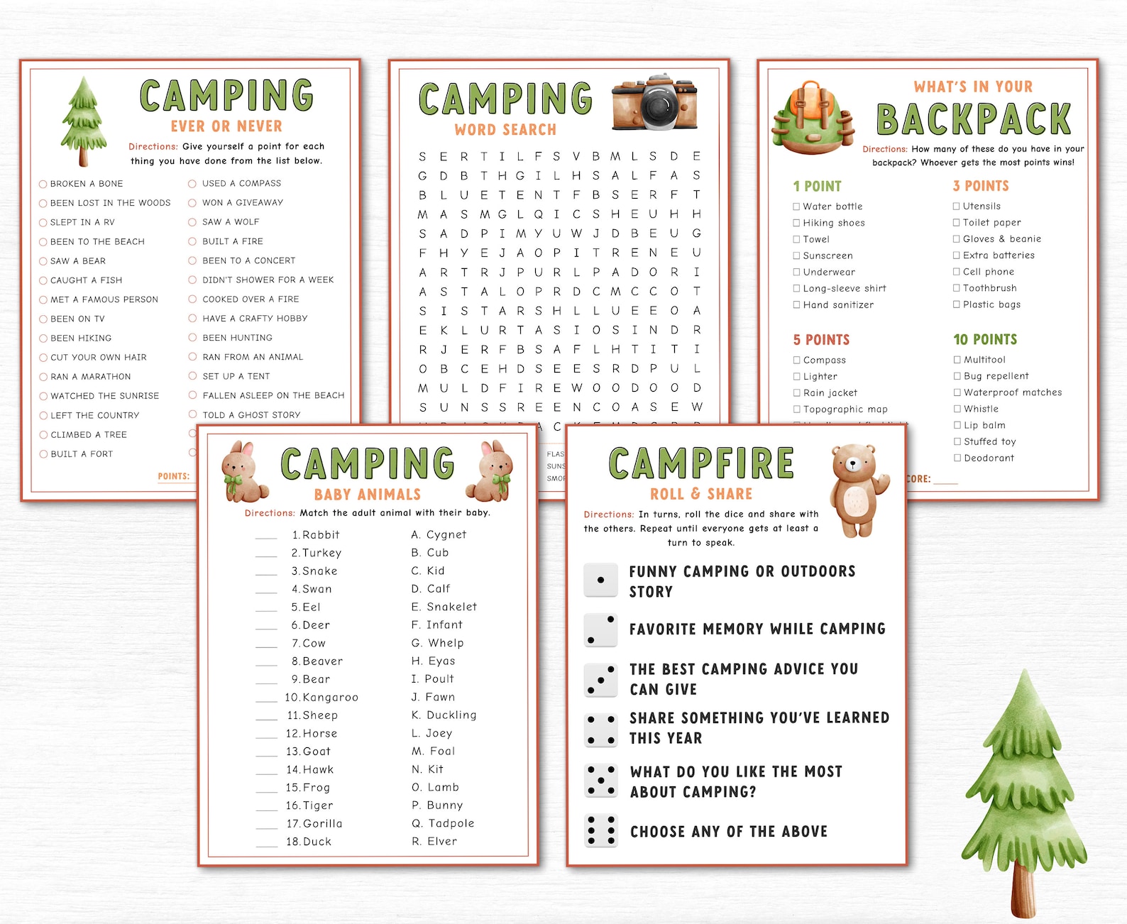 Camping Games Printable Bundle, Printable Camping Game for Kids and ...