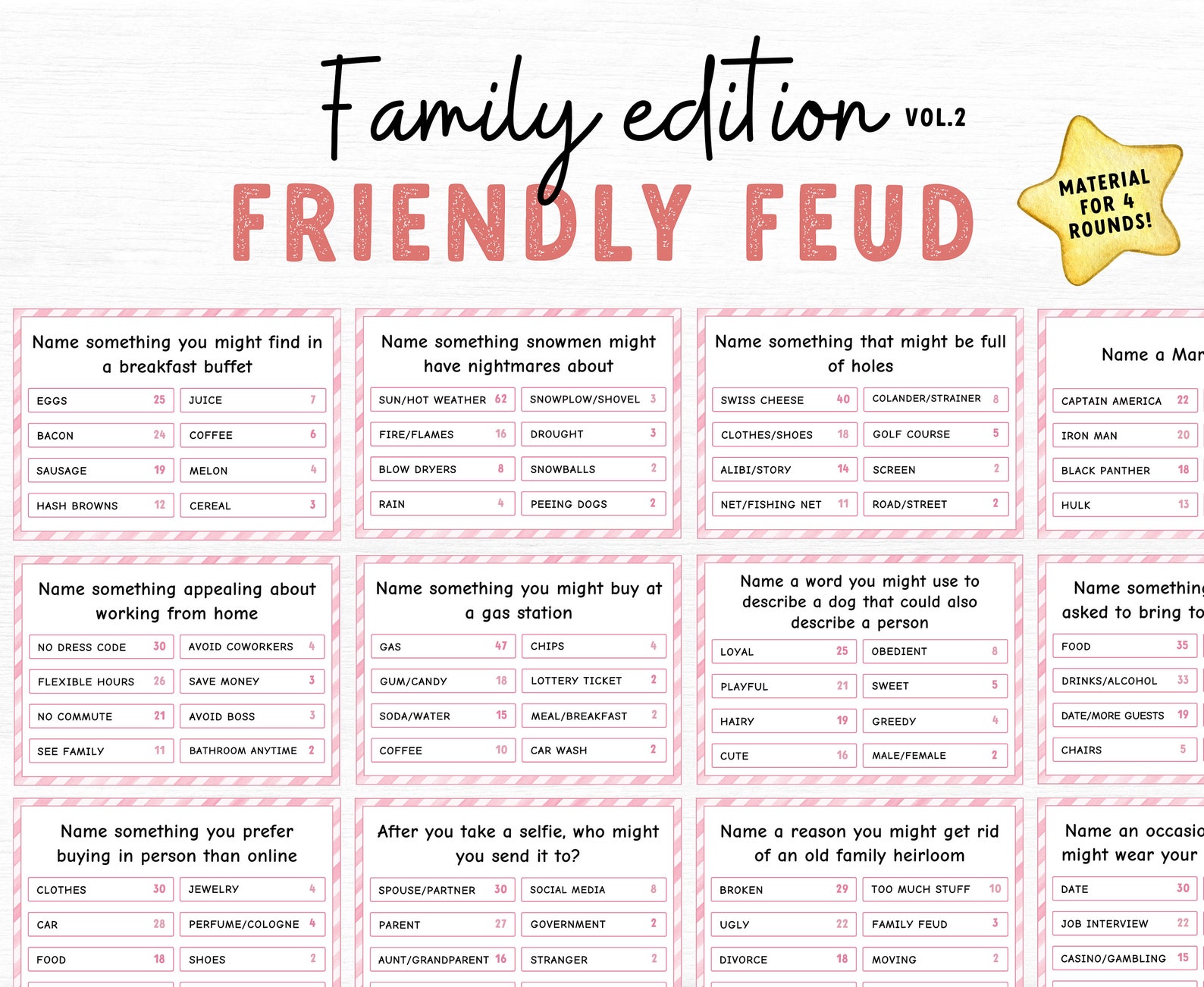 Family Feud Game Printable, Family Game Night, Family Quiz, Friendly ...