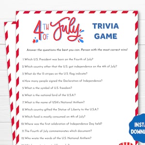 Fourth of July Trivia Game 4th of July Printable Game - Etsy