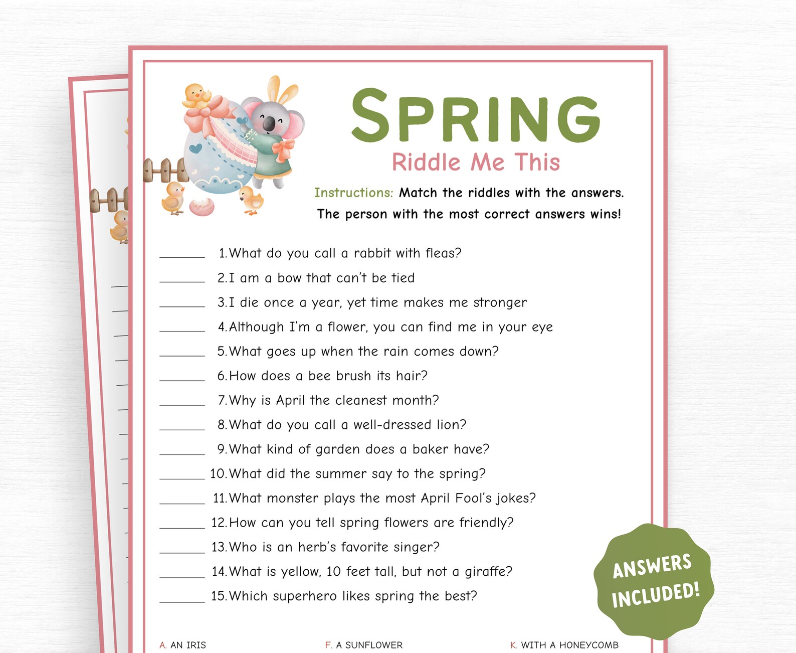 Spring Riddle Me This Game, Printable Spring Game for Adults ...