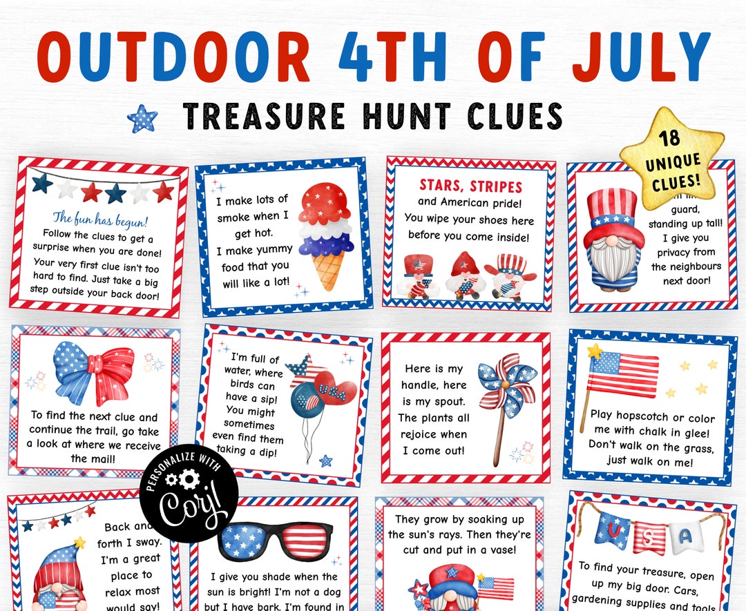 Outdoor Fourth of July Treasure Hunt Clues, Patriotic Scavenger Hunt ...