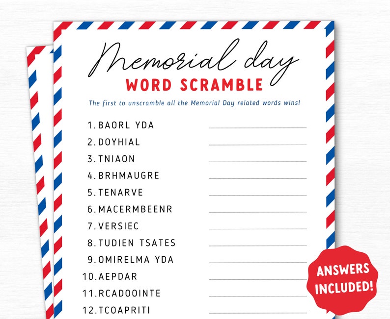 Printable Memorial Day Word Scramble Game, Memorial Day Game for Kids ...