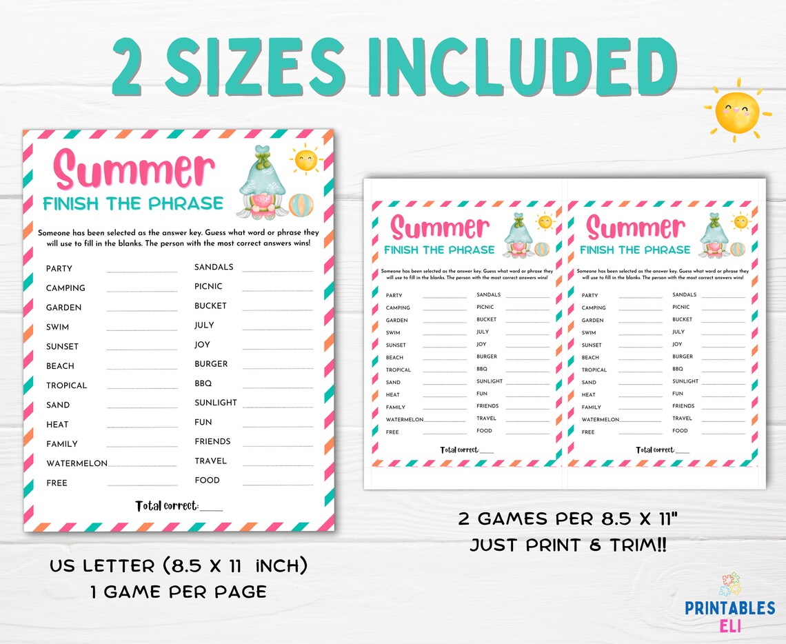 Summer Finish the Phrase Printable Game Family Summer Game - Etsy