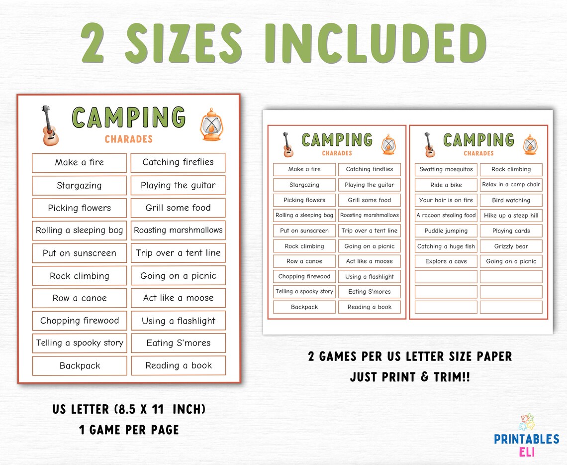 Camping Charades Printable Game, Camping Pictionary, Draw It Printable ...