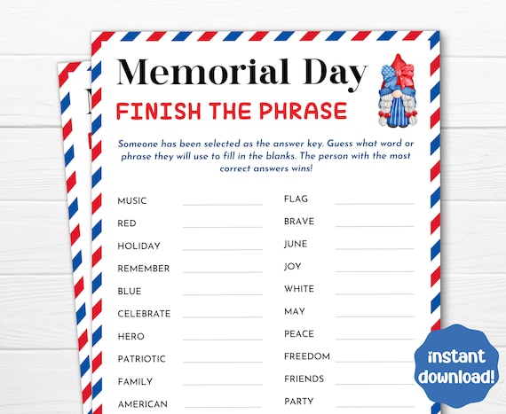Printable Memorial Day Finish the Phrase Game Memorial Day - Etsy