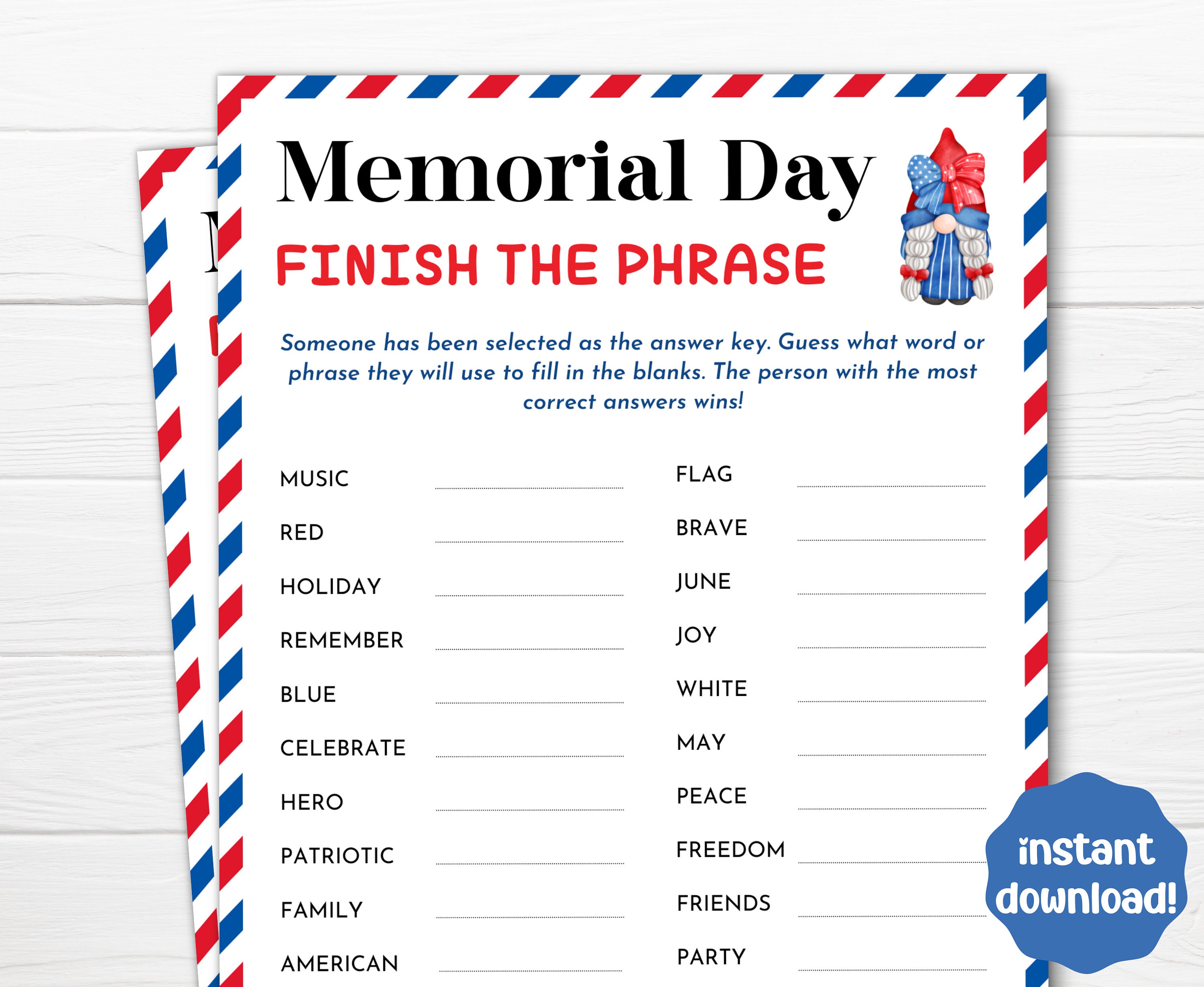 Printable Memorial Day Finish the Phrase Game, Memorial Day Game for ...