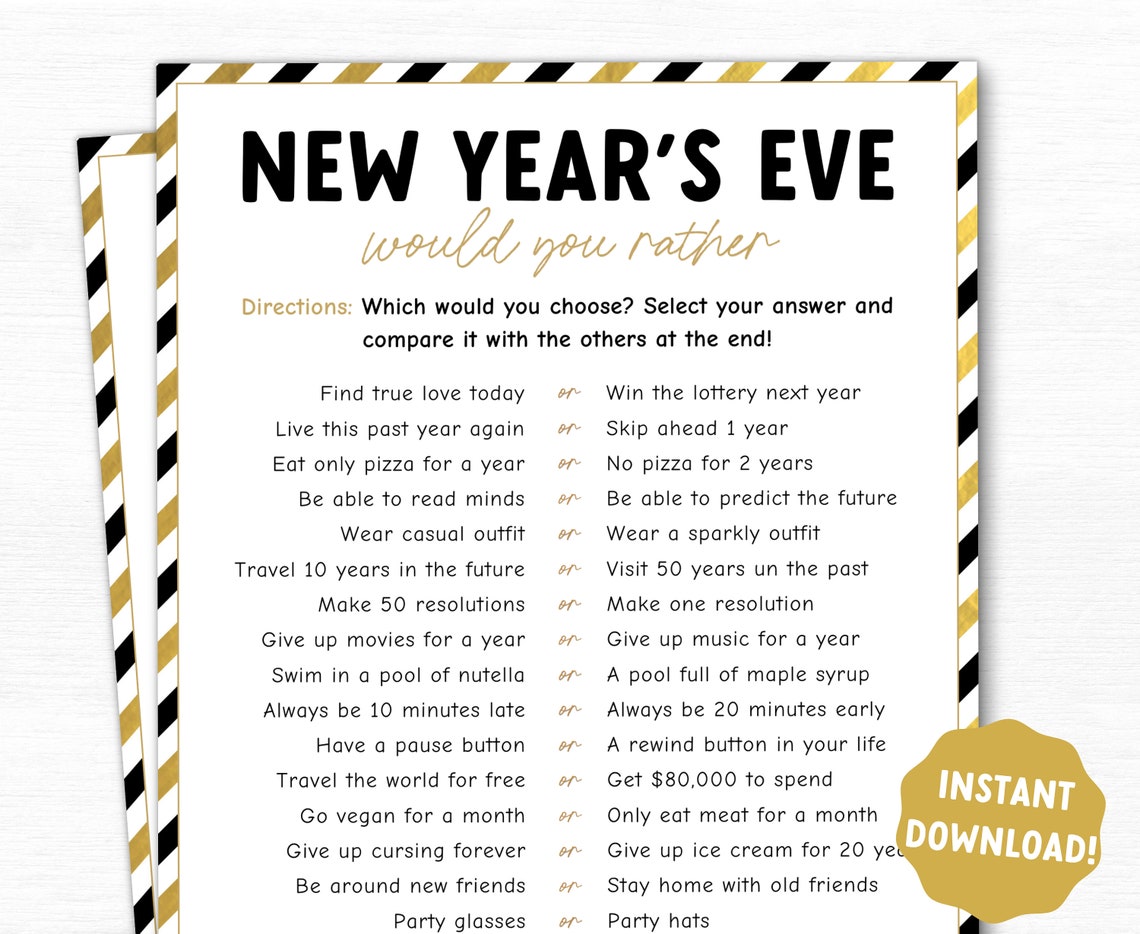 New Years Eve Would You Rather Printable Game, New Year Party Game ...