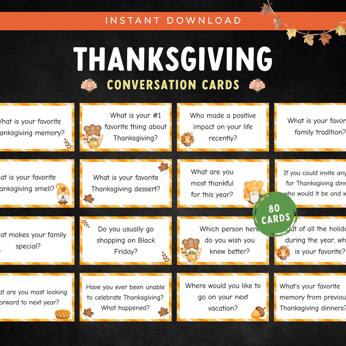 90 Thanksgiving Conversation Cards, Family Friendly Conversation ...