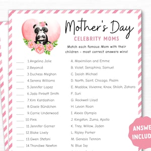 Mothers Day Game, Celebrity Moms Match up Printable Game, Printable ...