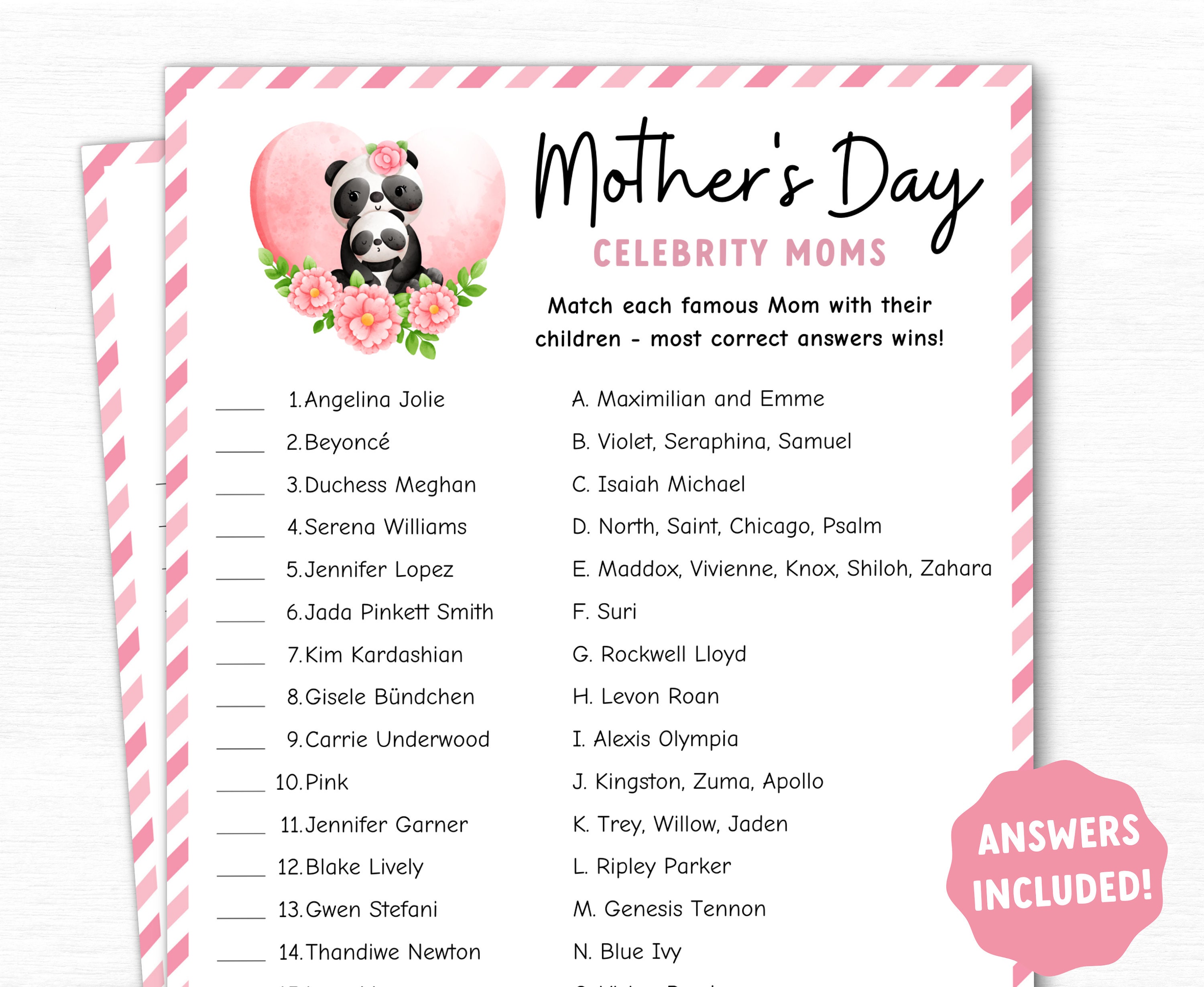 Mothers Day Game, Celebrity Moms Match up Printable Game, Printable ...