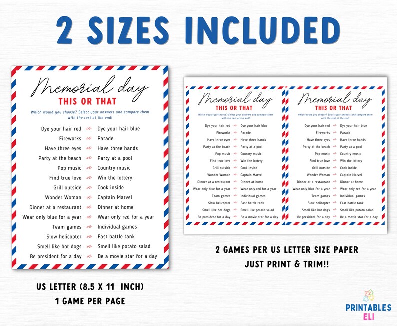 Memorial Day This or That Printable Game Memorial Day Would - Etsy