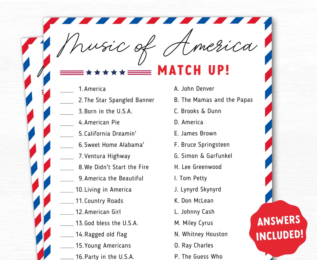 Music of America Match up Game, Printable Memorial Day Game for Adults ...