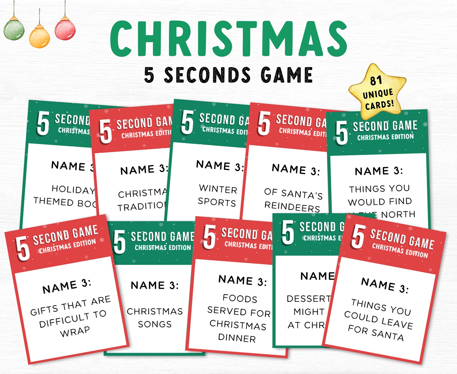 Christmas 5 Second Game Printable, Party Game, Printable Christmas ...