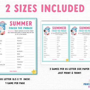 Summer Finish the Phrase Printable Game, Family Summer Game Printable ...