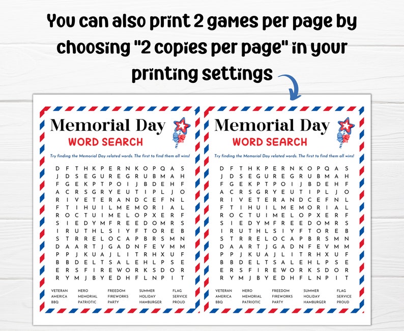 Printable Memorial Day Word Search Game Memorial Day Games | Etsy