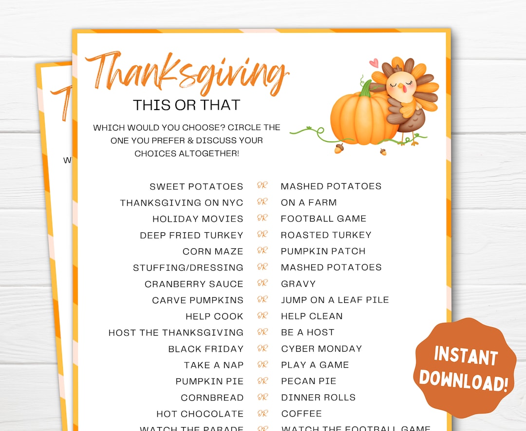 Thanksgiving This or That Printable Game Thanksgiving Party - Etsy
