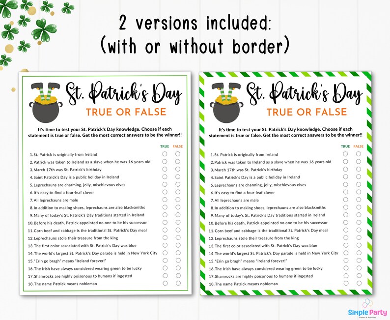 St. Patrick's Day True or False Game Printable St. - Etsy