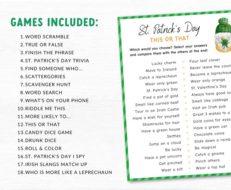 18 St. Patrick's Day Games Printable Bundle, Patrick's Day Party Games ...