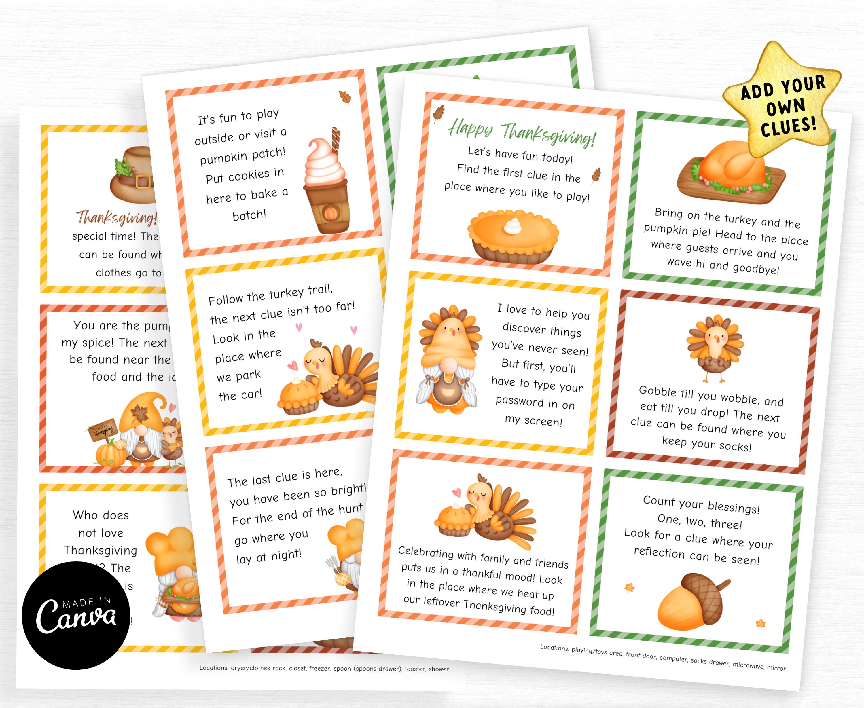 Editable Thanksgiving Treasure Hunt for Kids, Treasure Hunt Clues ...
