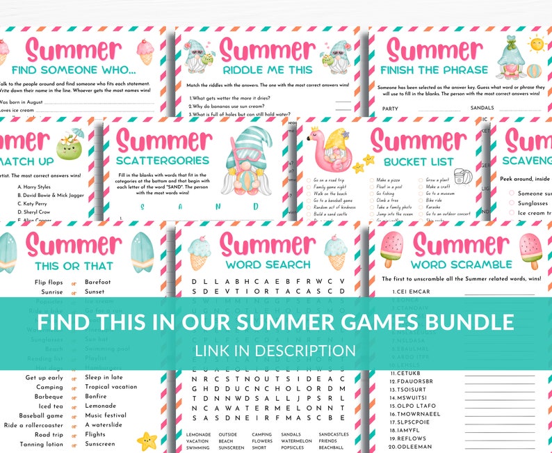 Summer Songs Match up Printable Game Family Summer Game - Etsy