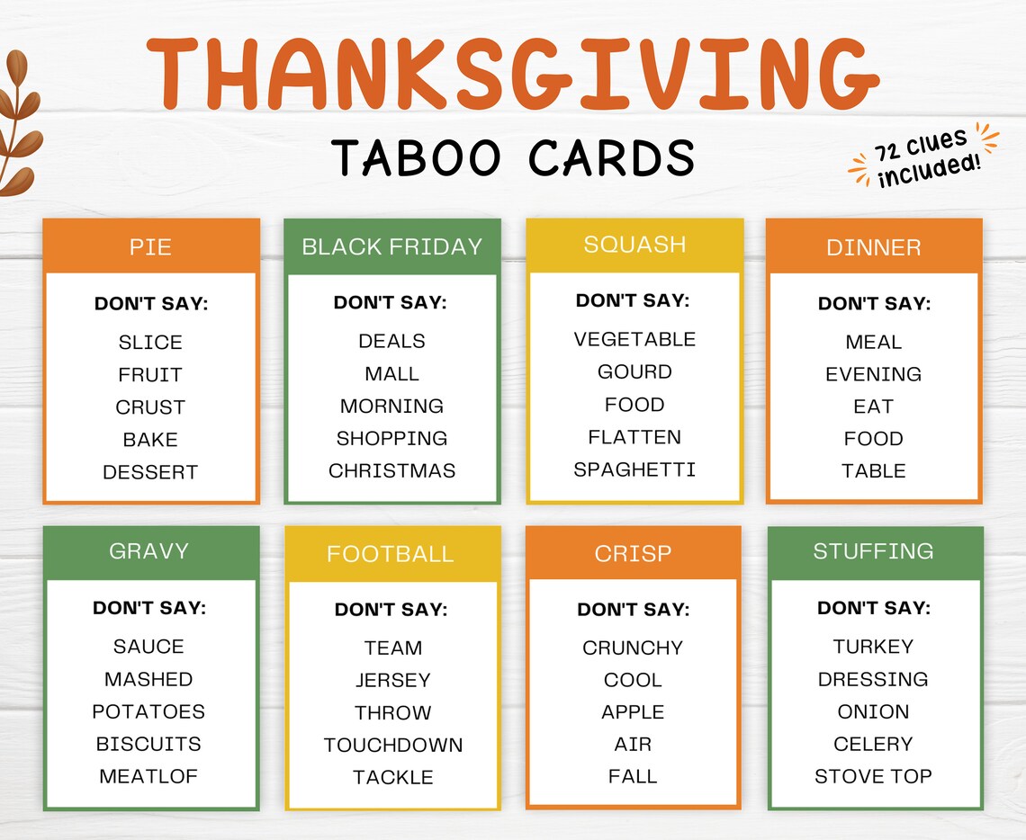 Thanksgiving Taboo Game Cards Party Game Printable - Etsy