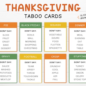 Thanksgiving Taboo Game Cards Party Game Printable - Etsy