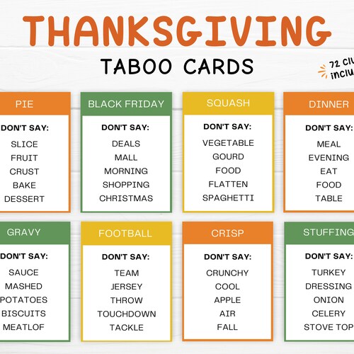 Thanksgiving Taboo Game Cards Party Game Printable - Etsy