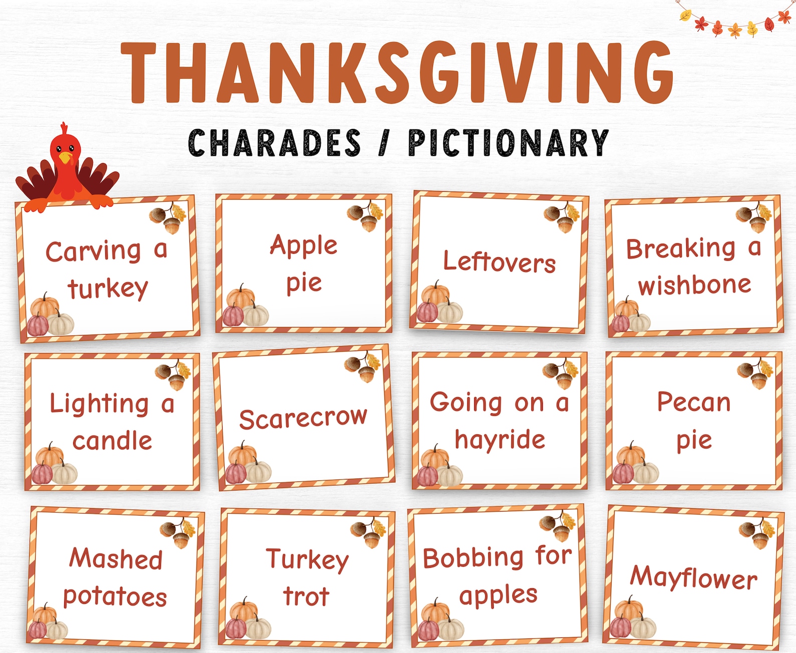 Thanksgiving Charades Printable Game, Charades Cards, Thanksgiving ...
