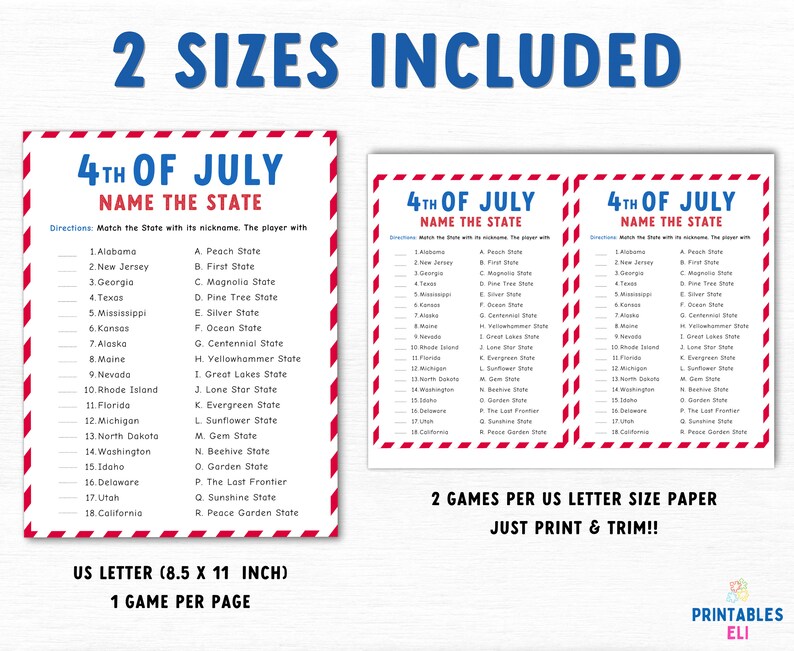 Fourth of July Printable Game, 4th of July Name the State, Printable ...