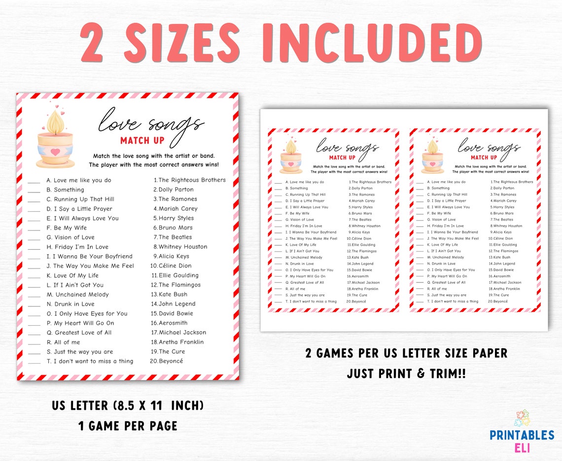 Valentines Day Love Songs Match up Game Printable Family - Etsy