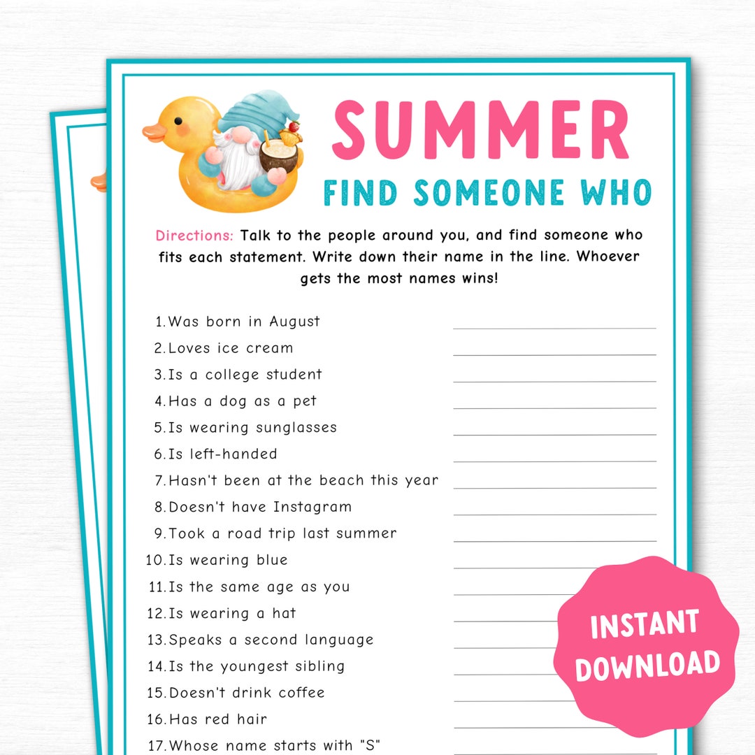 Summer Find Someone Who Printable Game, Family Summer Game Printable ...